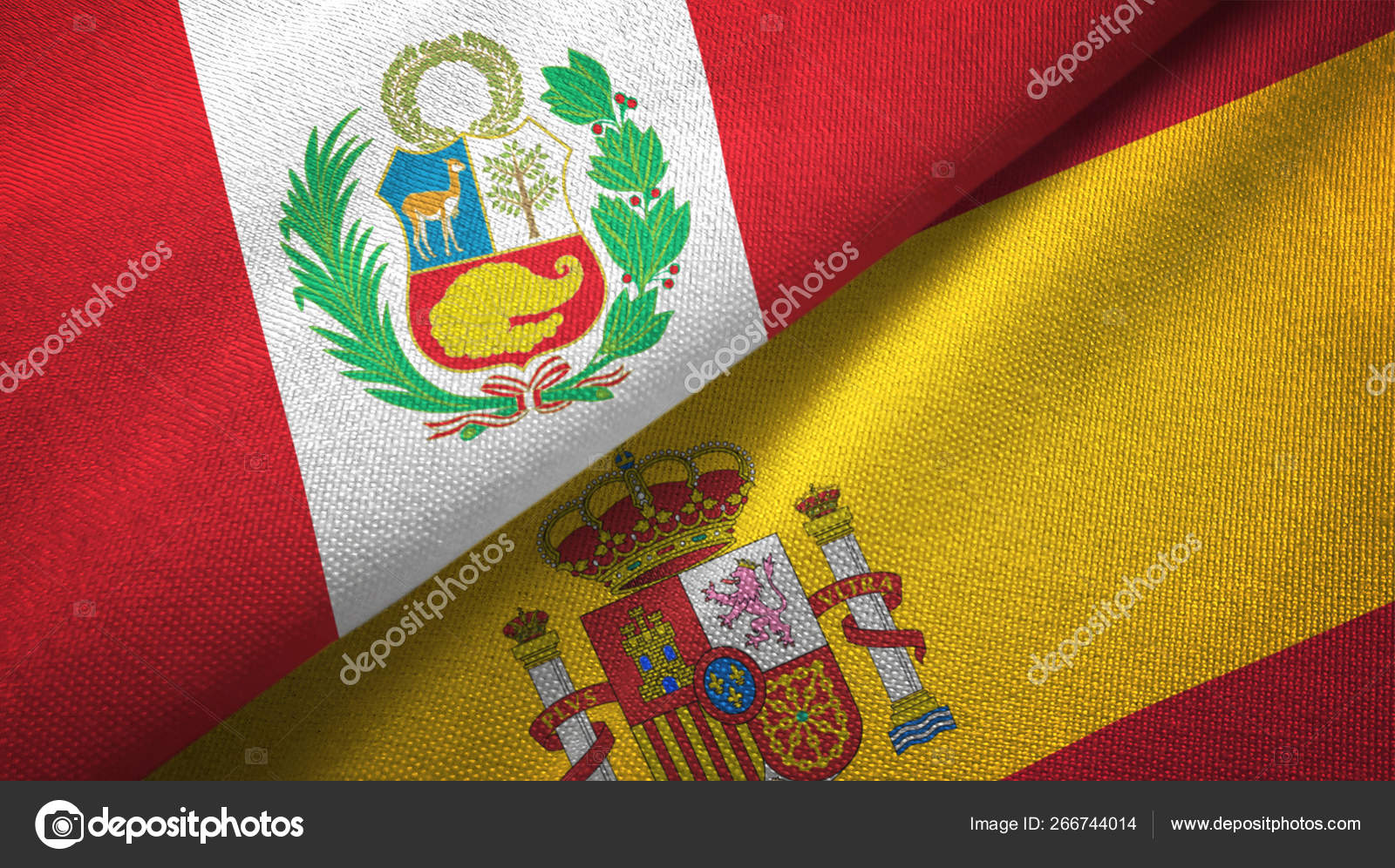 Peru and Spain two flags textile cloth, fabric texture — Stock Photo ...
