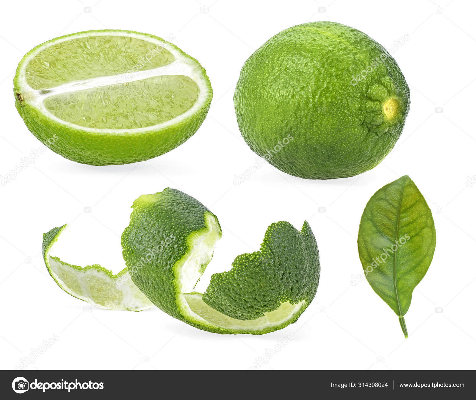Lime fruit, lime slice, lime leaf and lime peel isolated on whit ...
