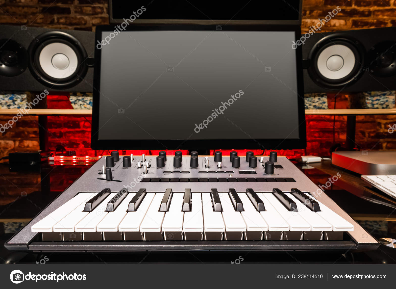 Home Studio Recording Equipment Computer Monitor Midi Keyboard Analog ...