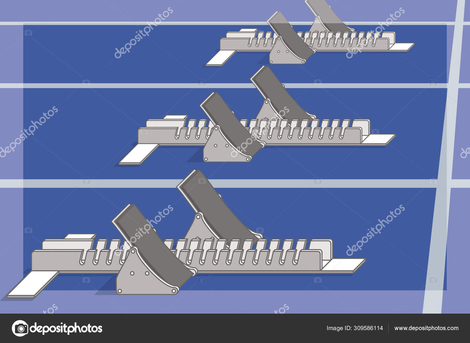 Starting blocks on blue track lanes for sprinting and running in ...