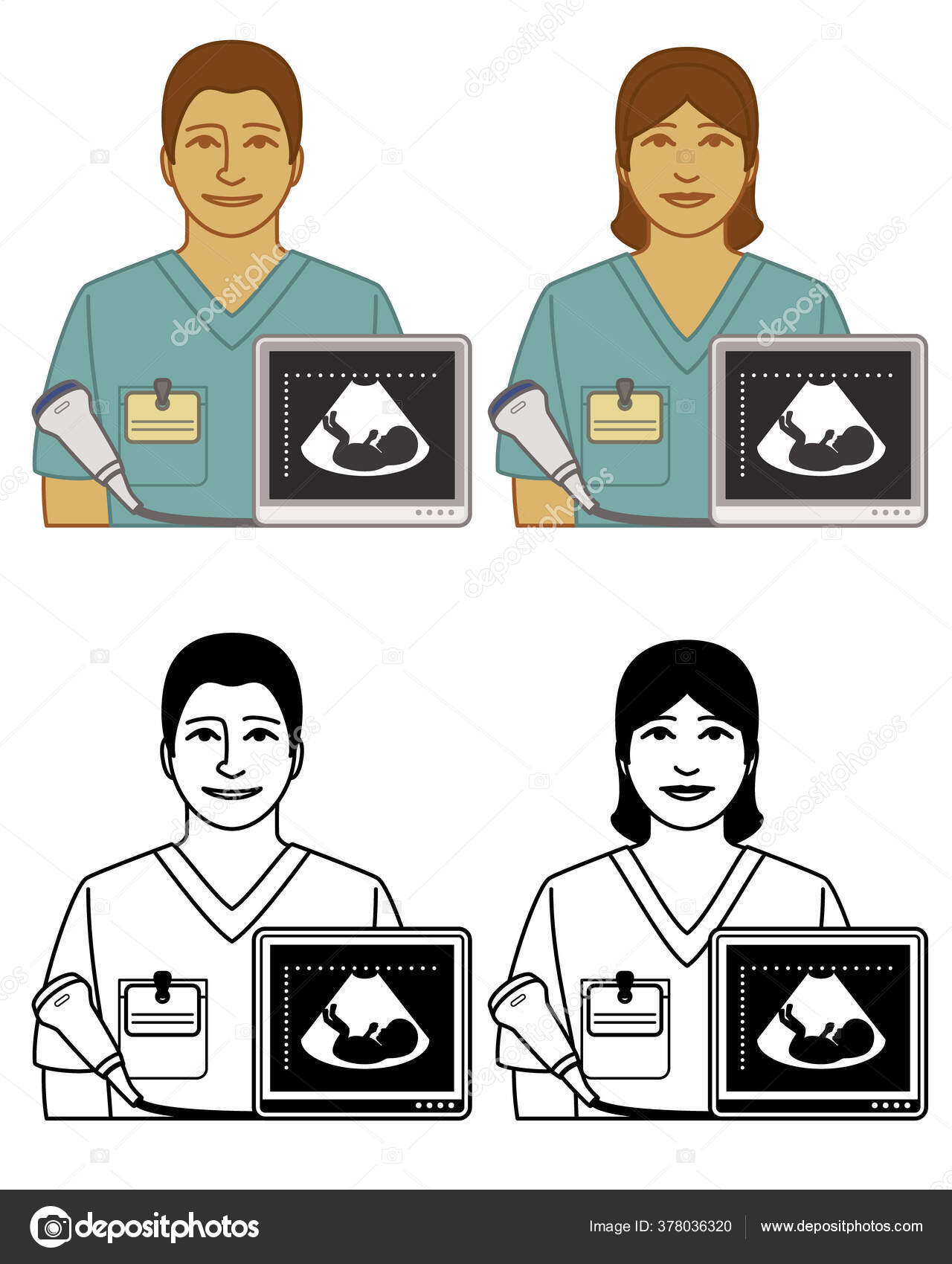 Set Sonographer Ultrasound Technician Vector Icons Male Female Sonogram ...