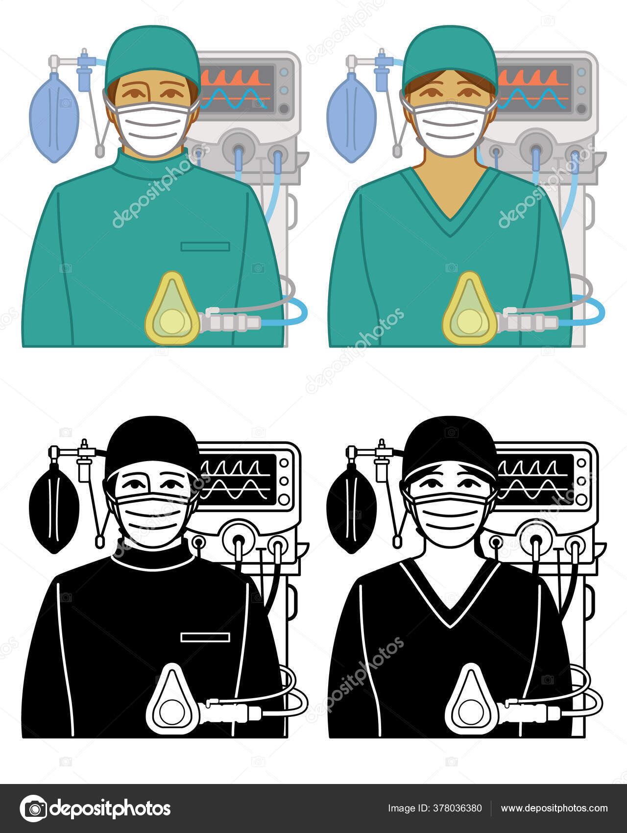 Set Anesthesiologist Vector Icons Male Female Wearing Mask Equipment ...