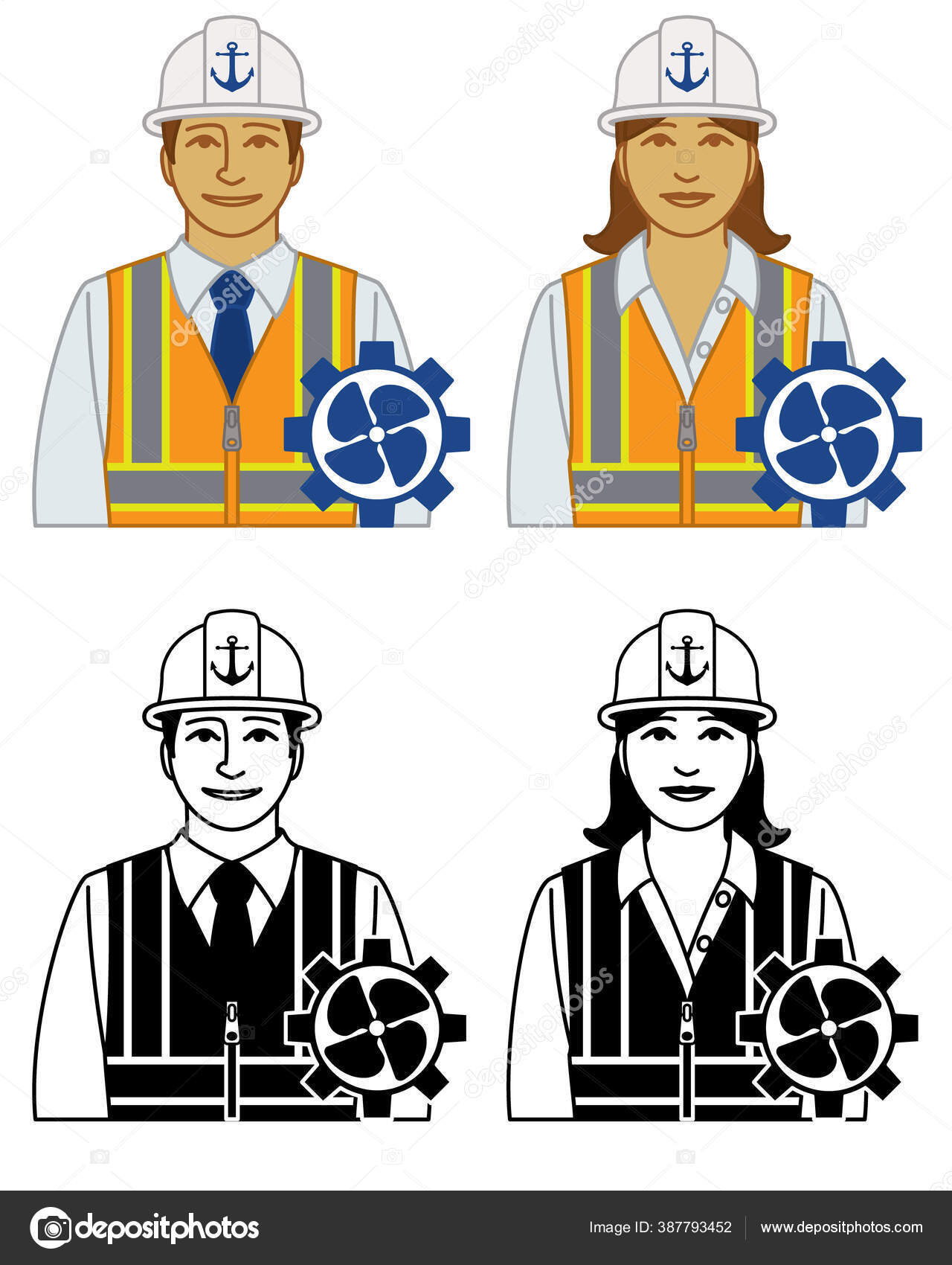 Set Marine Engineer Vector Icons Male Female Wearing Hardhat Safety ...