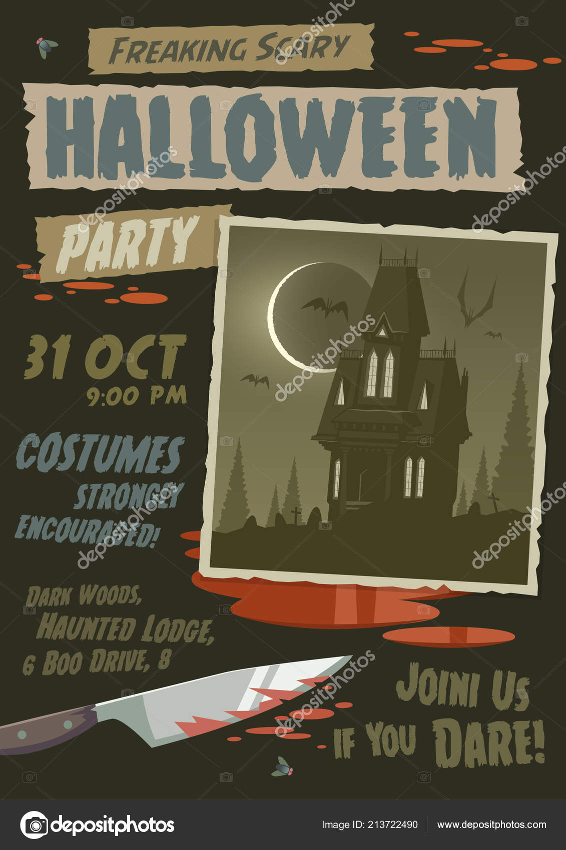 Scary Halloween Party Invitation Card Background Vector Illustration ...