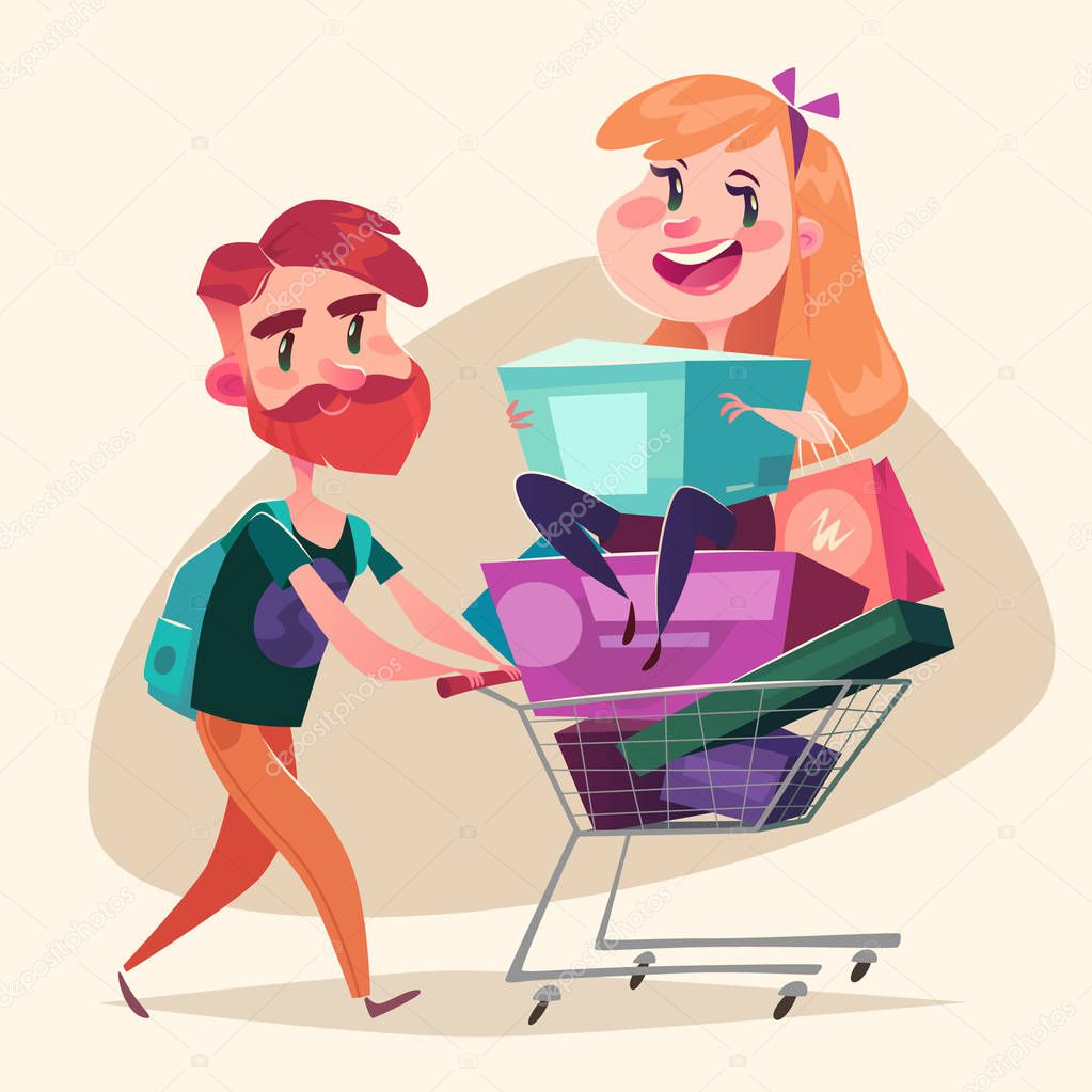 Los consumidores con una cesta de la compra completa. Ilustración ...