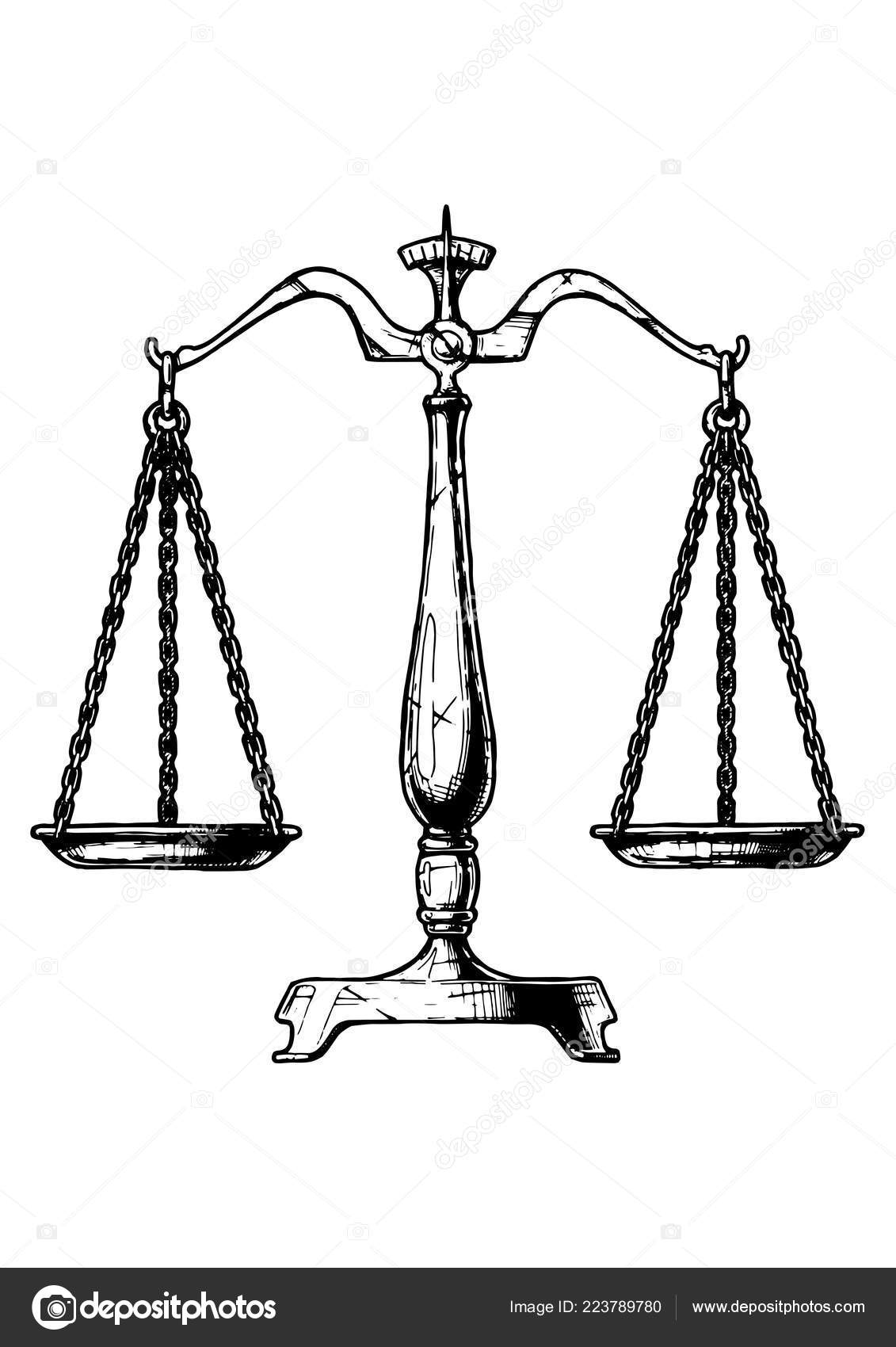 Vector Hand Drawn Illustration Balance Scale Vintage Engraved Style ...