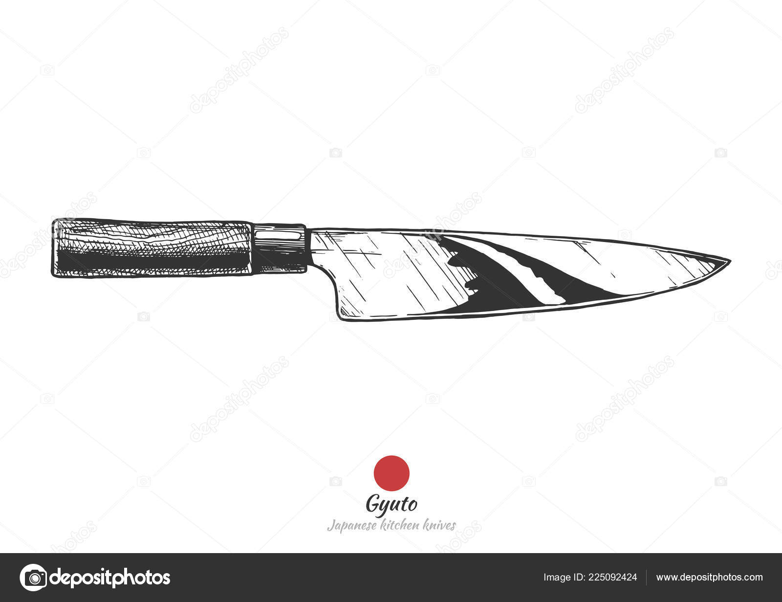 Gyuto Japanese Kitchen Knife Vector Hand Drawn Illustration Vintage ...