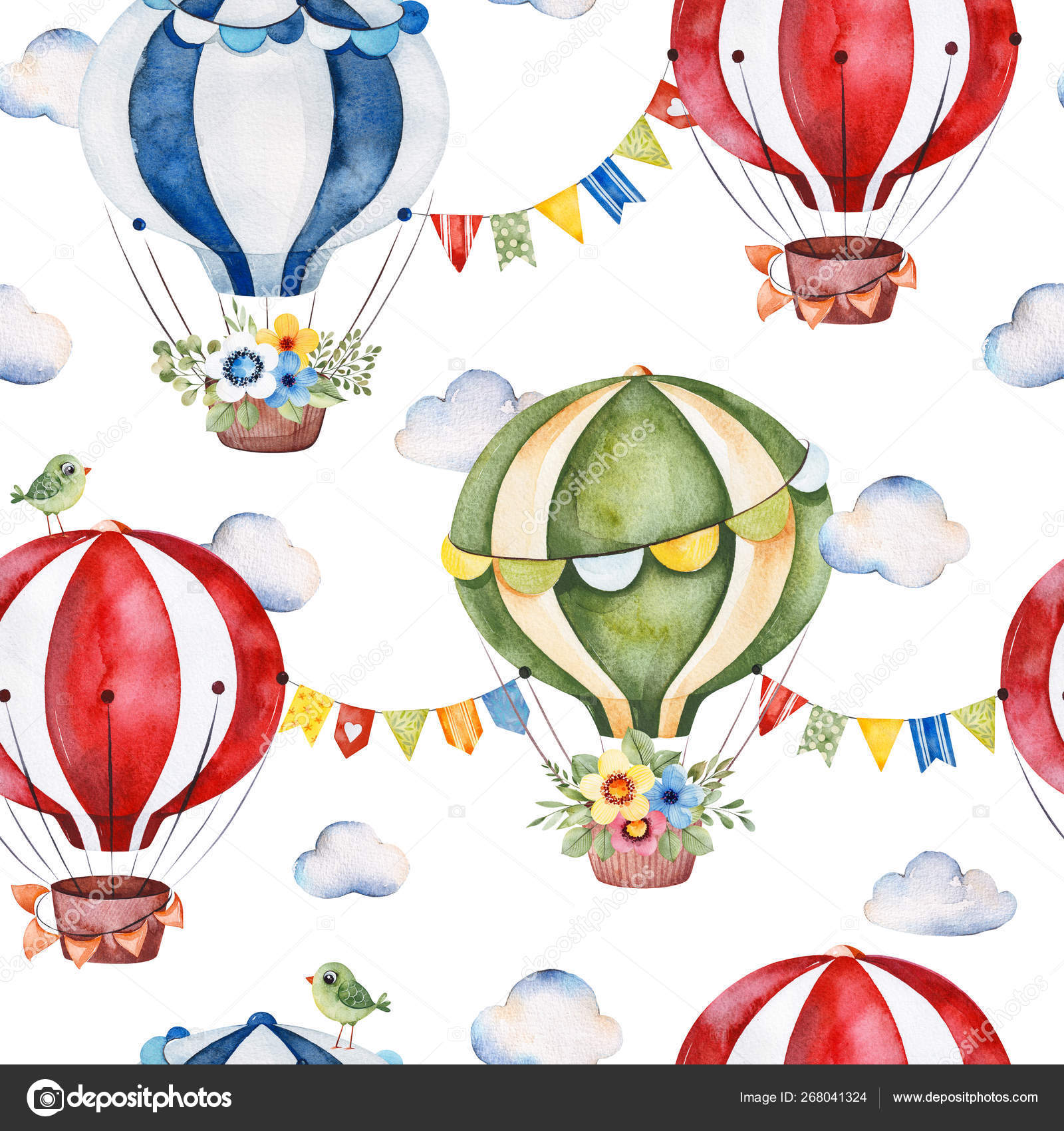 Seamless Texture Cute Air Balloons Bouquets Garlands Fluffy Clouds ...