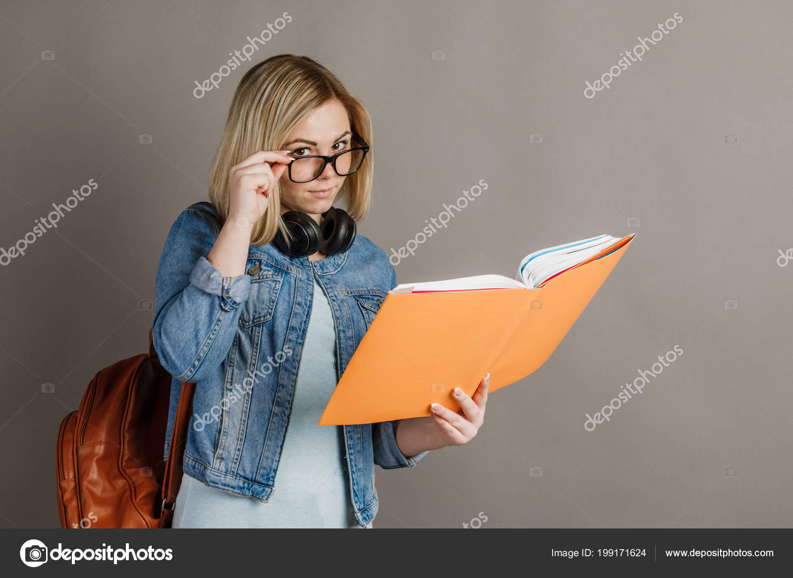 Beautiful Smart Girl Reading Book Isolated Gray Background Stock Photo ...