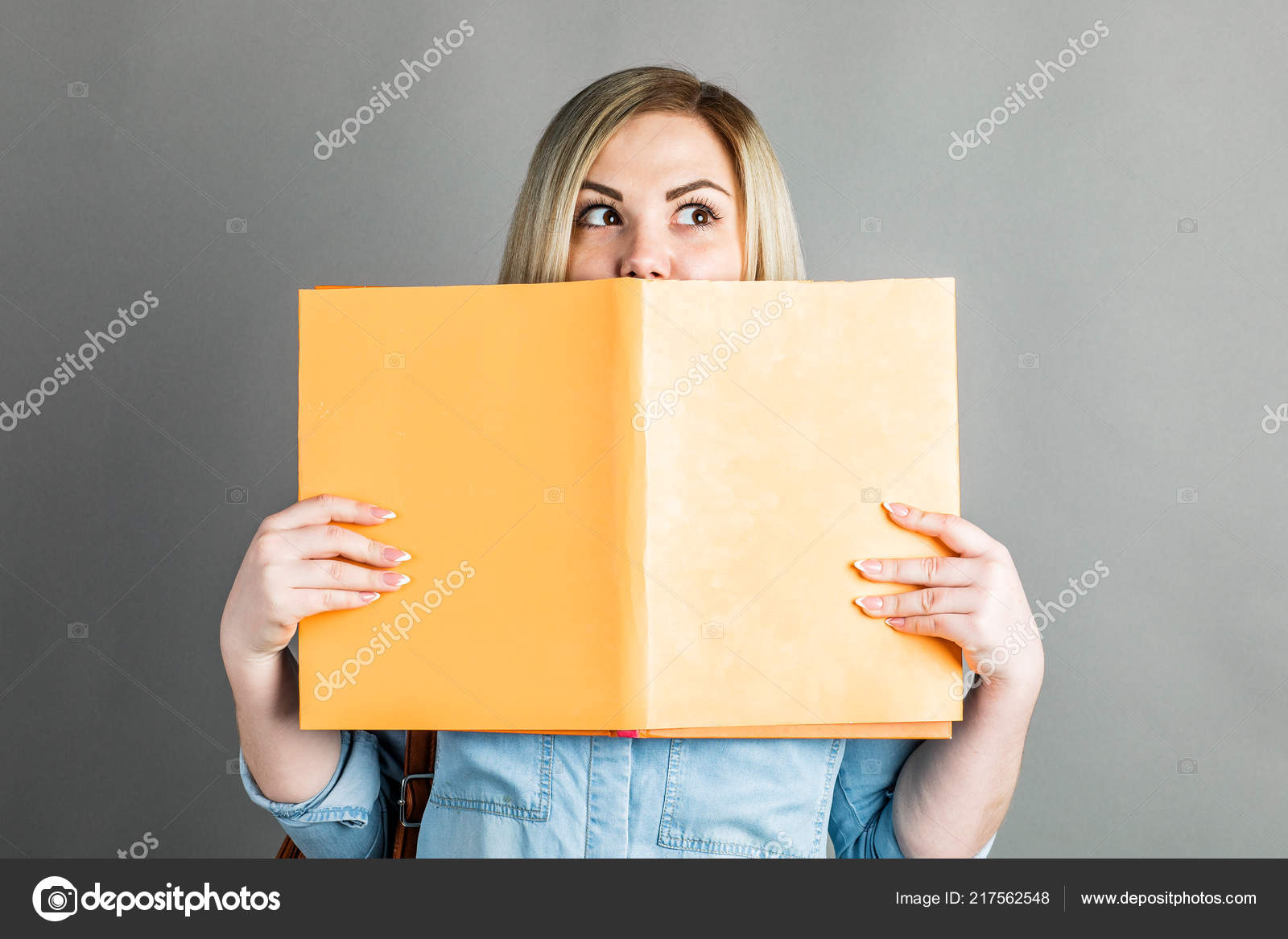 Beautiful Smart Girl Reading Book Isolated Gray Background Stock Photo ...