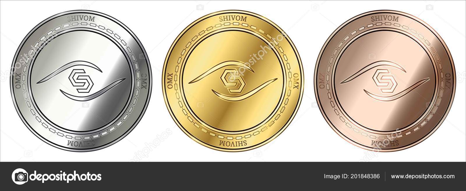 Gold, silver and bronze Shivom (OMX) cryptocurrency coin. coin set. ⬇ ...