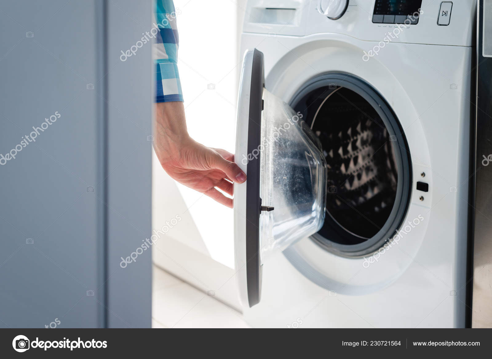 Doing Laundry Opening Flap Washing Machine Man Does Washing Washing ...