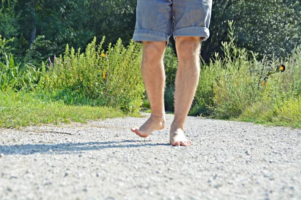 Close-up on the feet - walks across a pebble path in the woods and ...