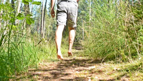 Close-up on the feet - walks across a pebble path in the woods and ...