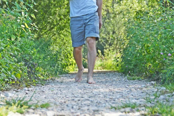 Close-up on the feet - walks across a pebble path in the woods and ...