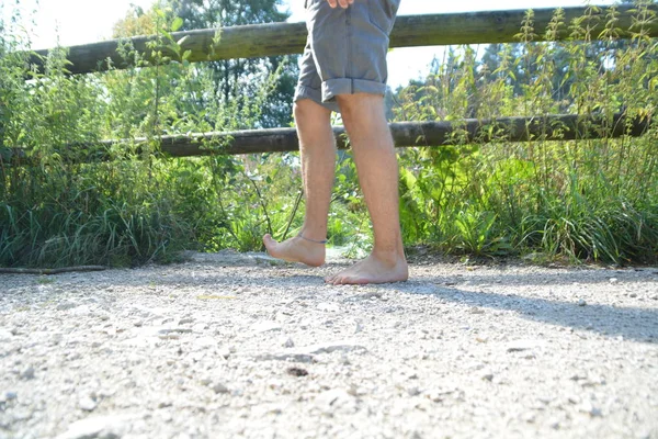 Close-up on the feet - walks across a pebble path in the woods and ...