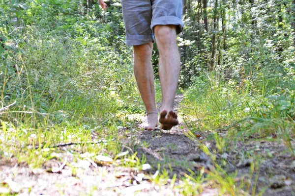 Close-up on the feet - walks across a pebble path in the woods and ...