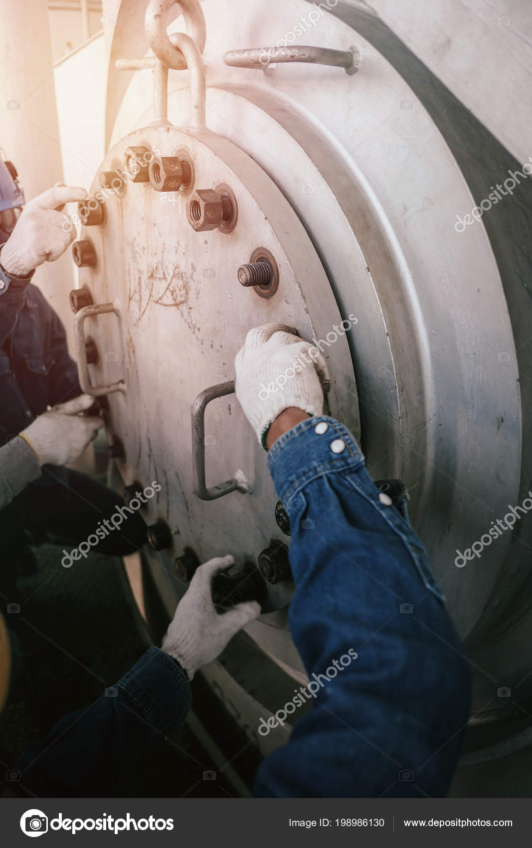 Workers Holding Hand Tightening Bolt Nut Open Side Manhole Factory ...
