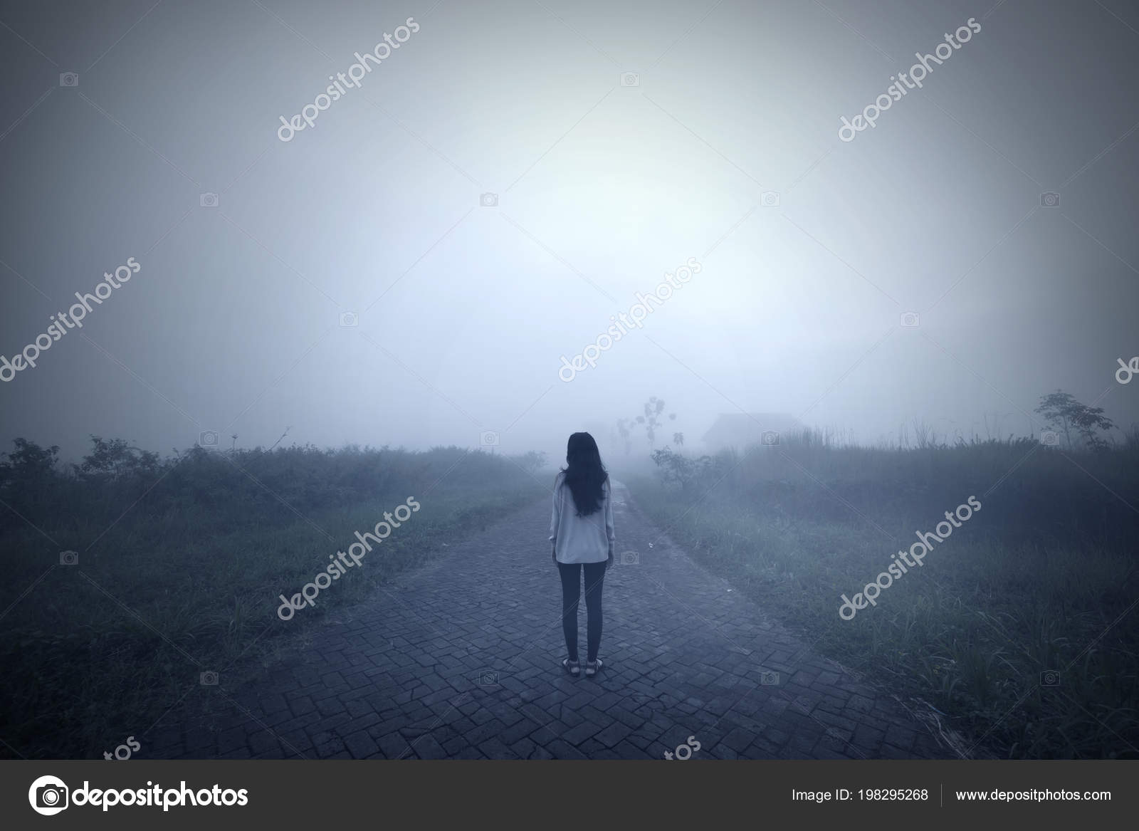 Back View Sad Woman Standing Alone Misty Morning Shot Mountain Stock ...