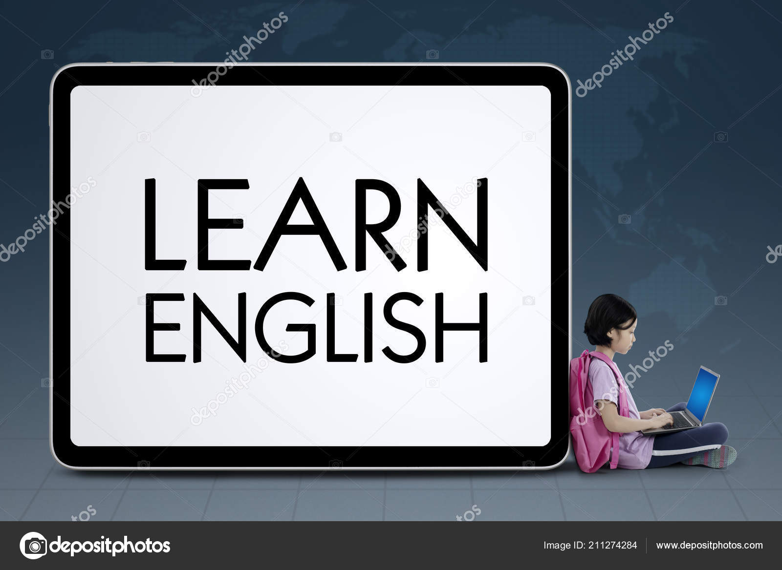 Picture Clever Schoolgirl Using Laptop While Sitting Word Learn English ...