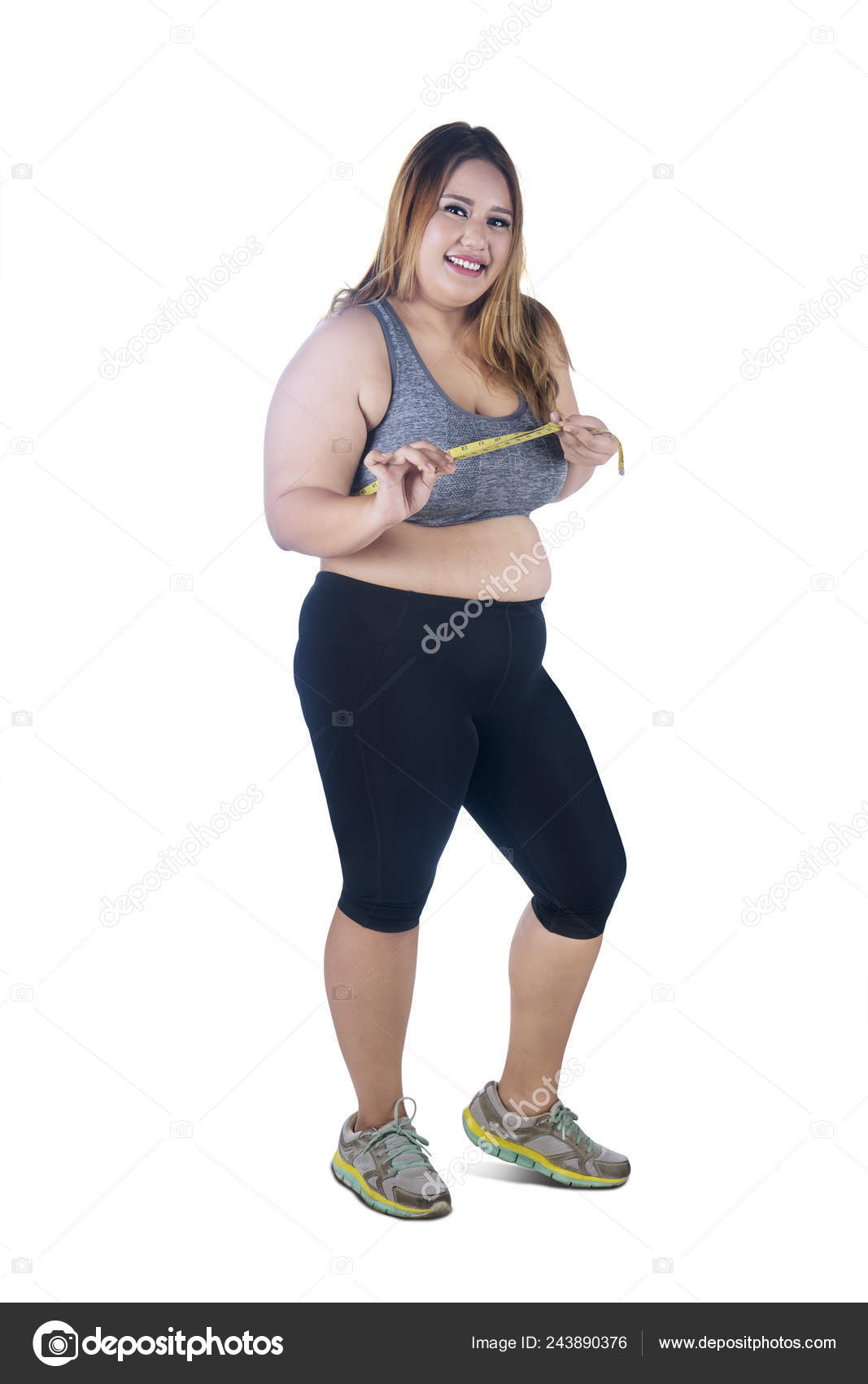 Full Length Obese Woman Looks Happy While Measuring Her Chest Stock ...