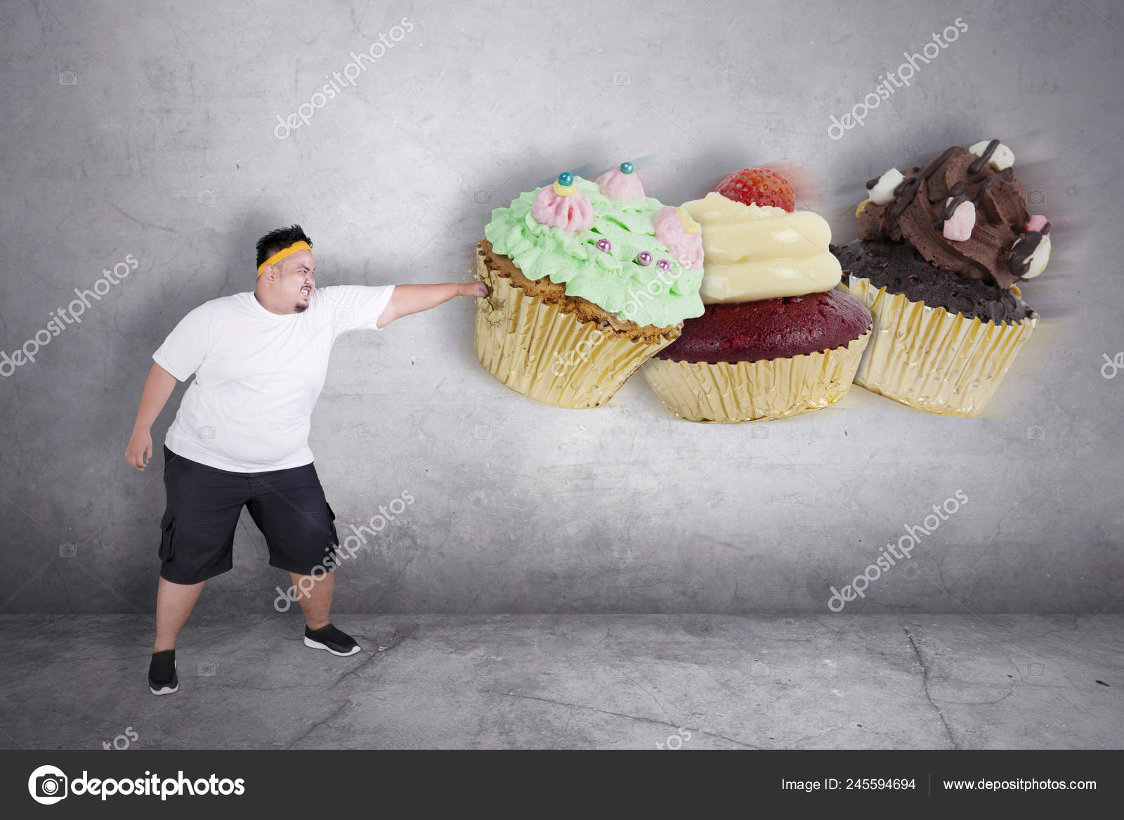 Picture Obese Man Refusing Eat Sweet Food Punching Cupcakes Studio ...