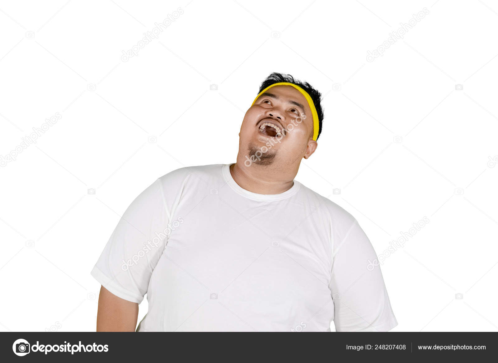 Young obese man carrying fat word on studio — Stock Photo ...