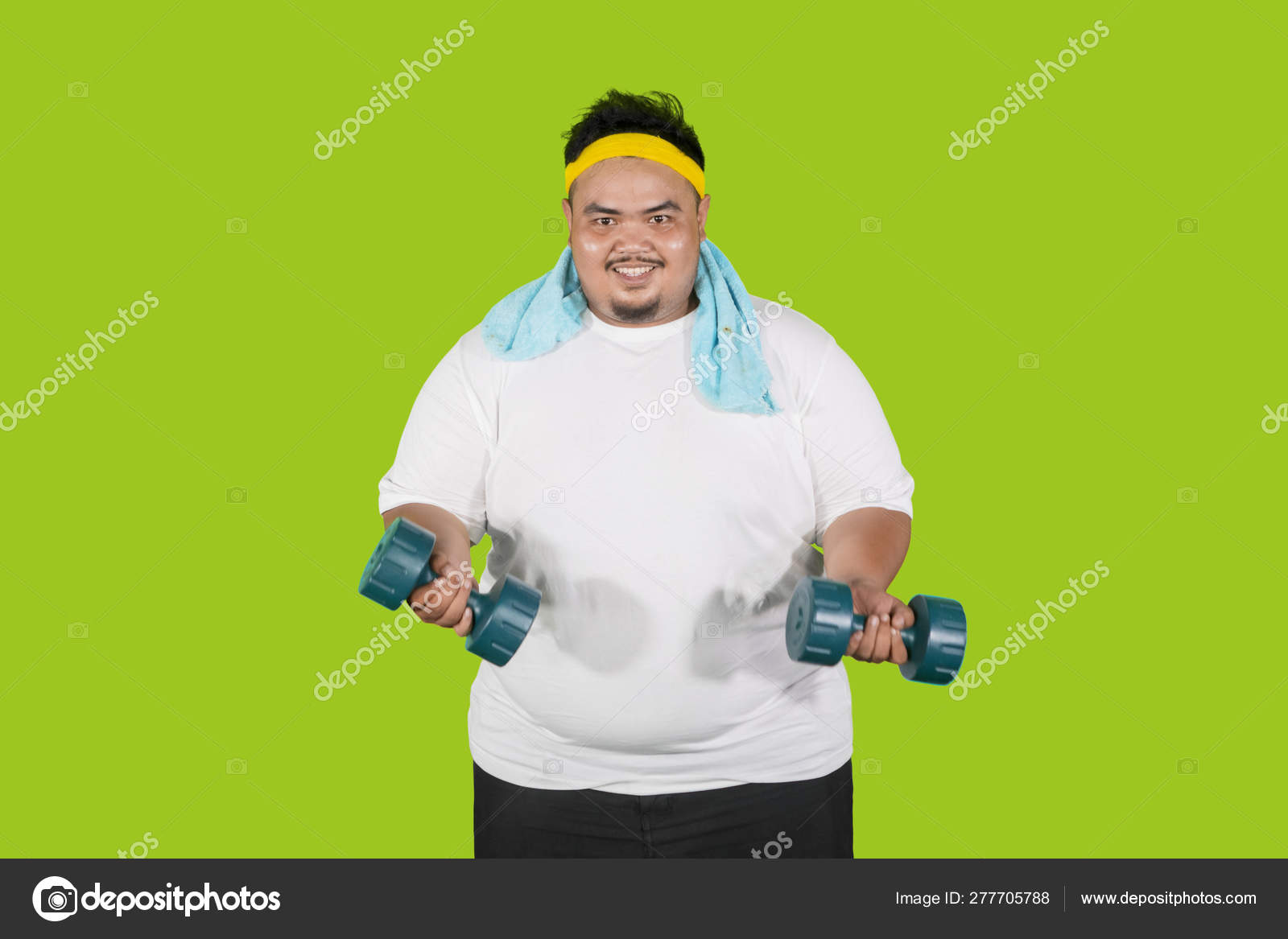 Fat man exercises biceps with dumbbells on studio Stock Photo by ...