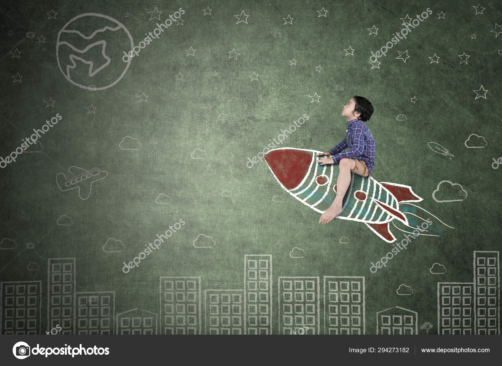 Little boy riding a rocket in chalkboard Stock Photo by ©realinemedia ...