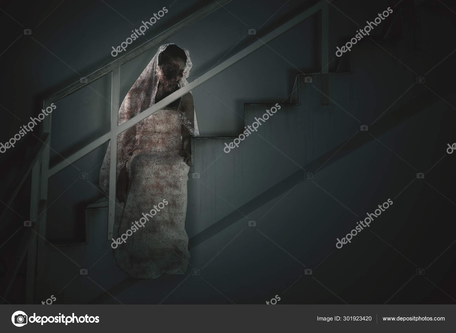 Spooky bride ghost crawling with burning wall — Stock Photo ...