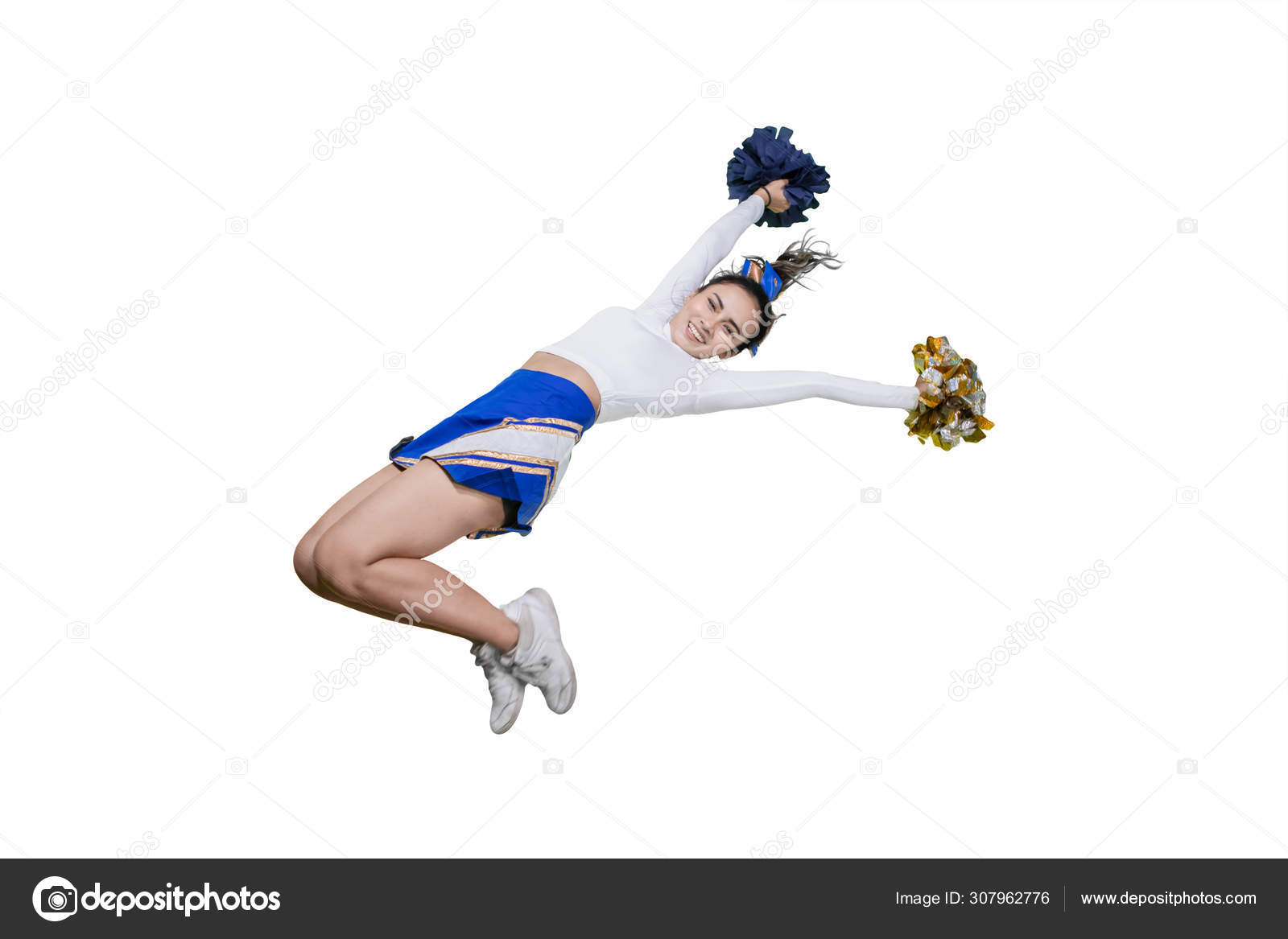 Pretty cheerleader jumps with pom poms on studio — Stock Photo ...