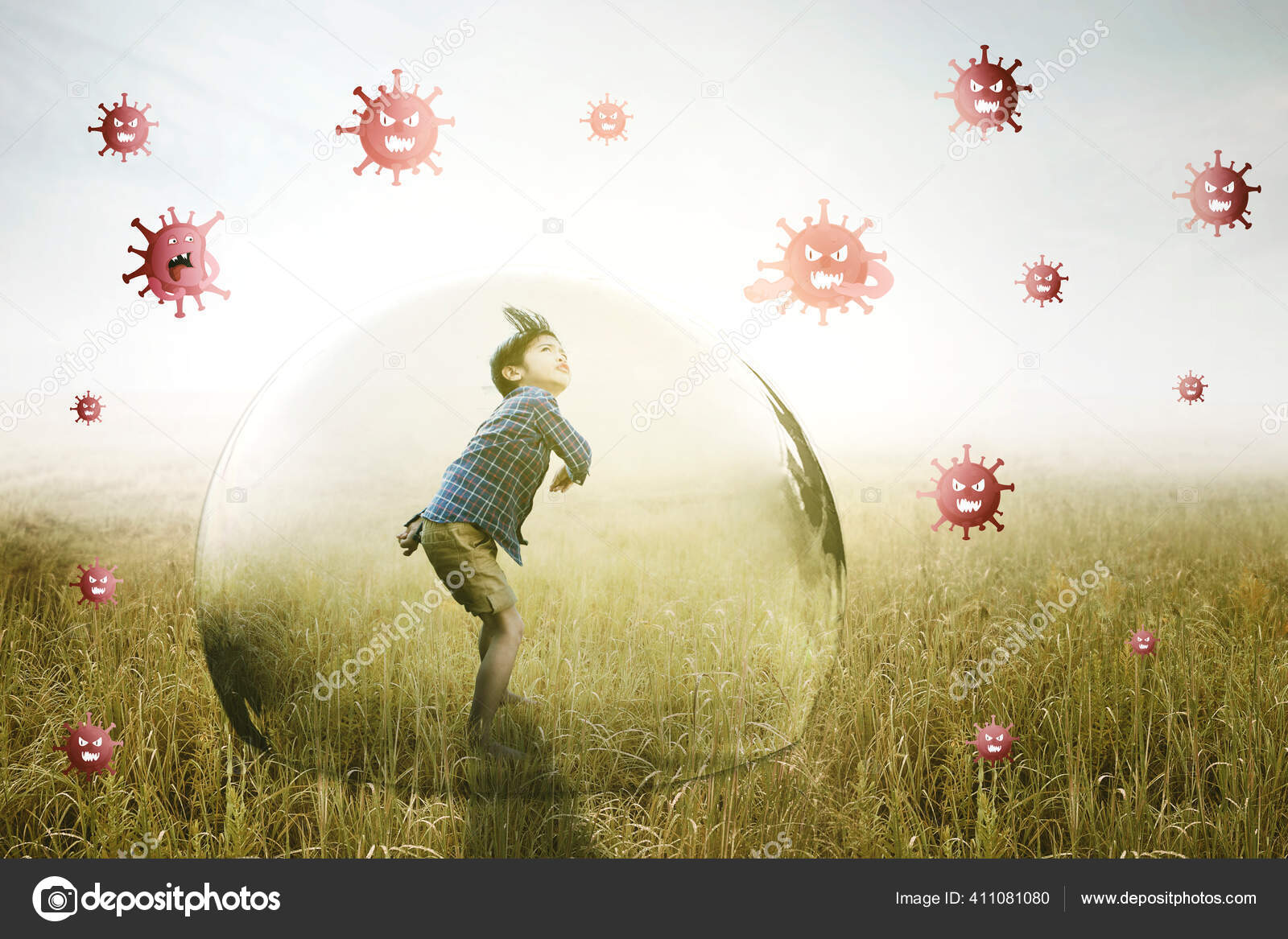 Little Boy Fighting Coronavirus Park While Standing Protective Bubble ...