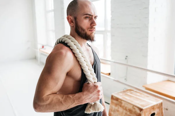 Handsome Muscular Man Holding Shoulder Rope Workout Light Gym Portrait ...