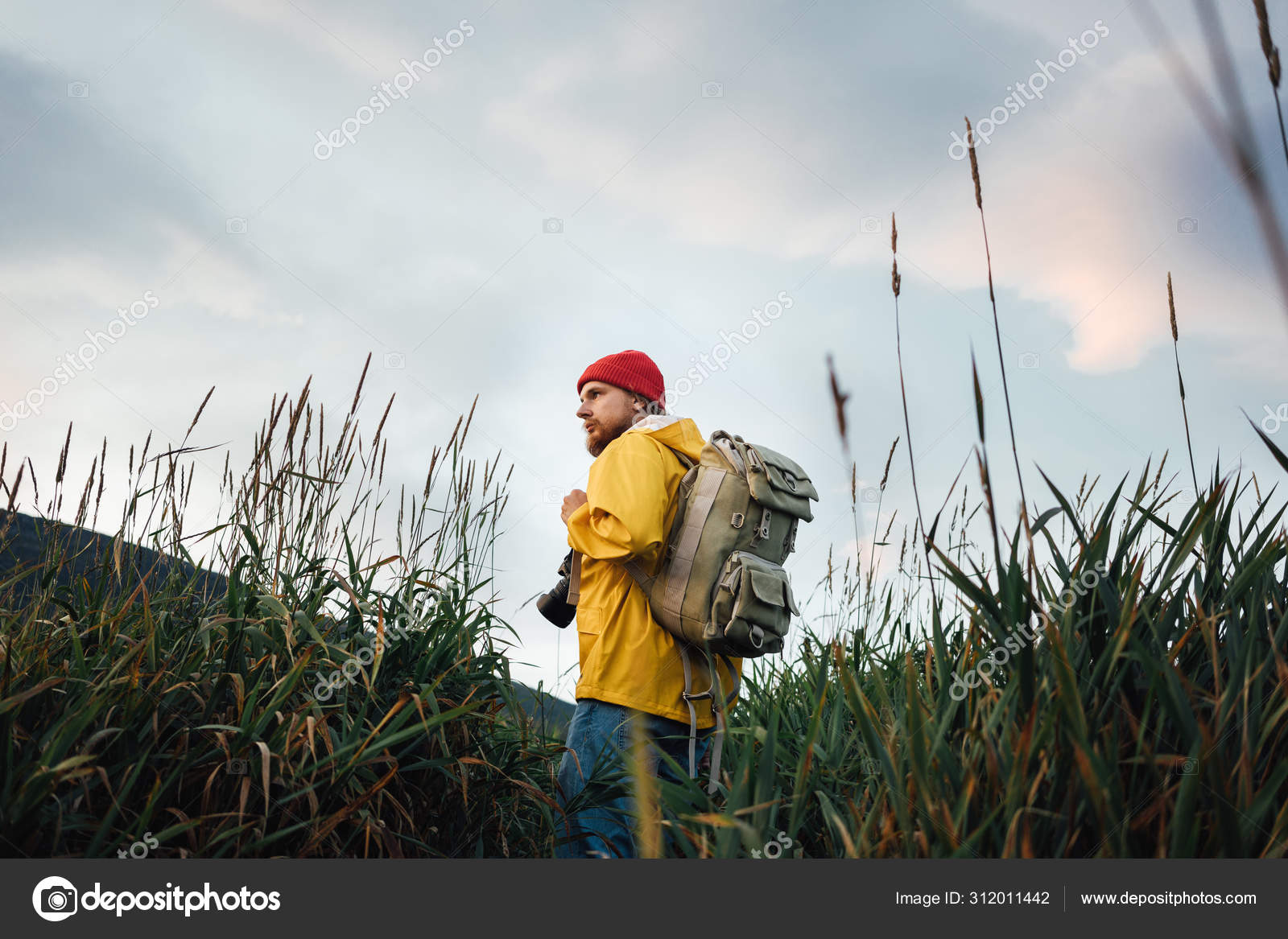 Back View Man Tourist Backpack Standing Front Mountain Massif While ...
