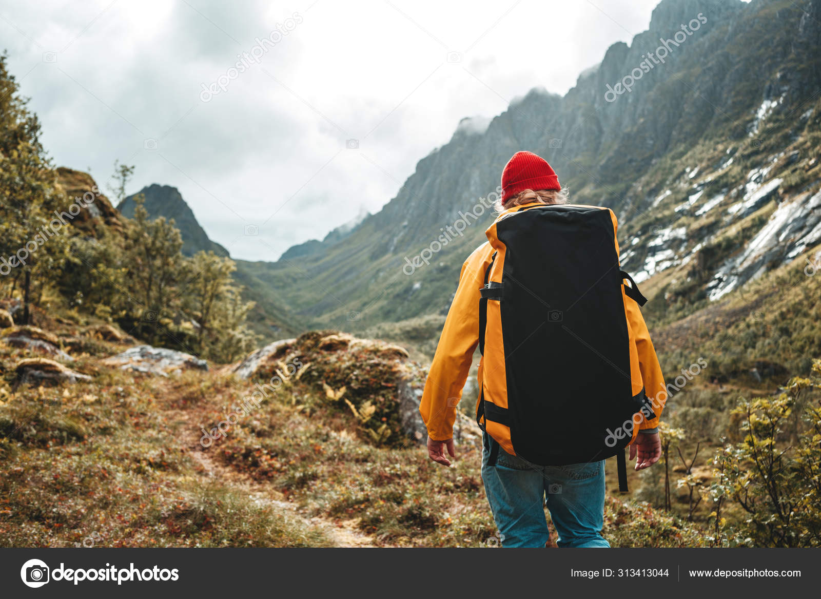 Back View Man Tourist Backpack Standing Front Mountain Massif While ...