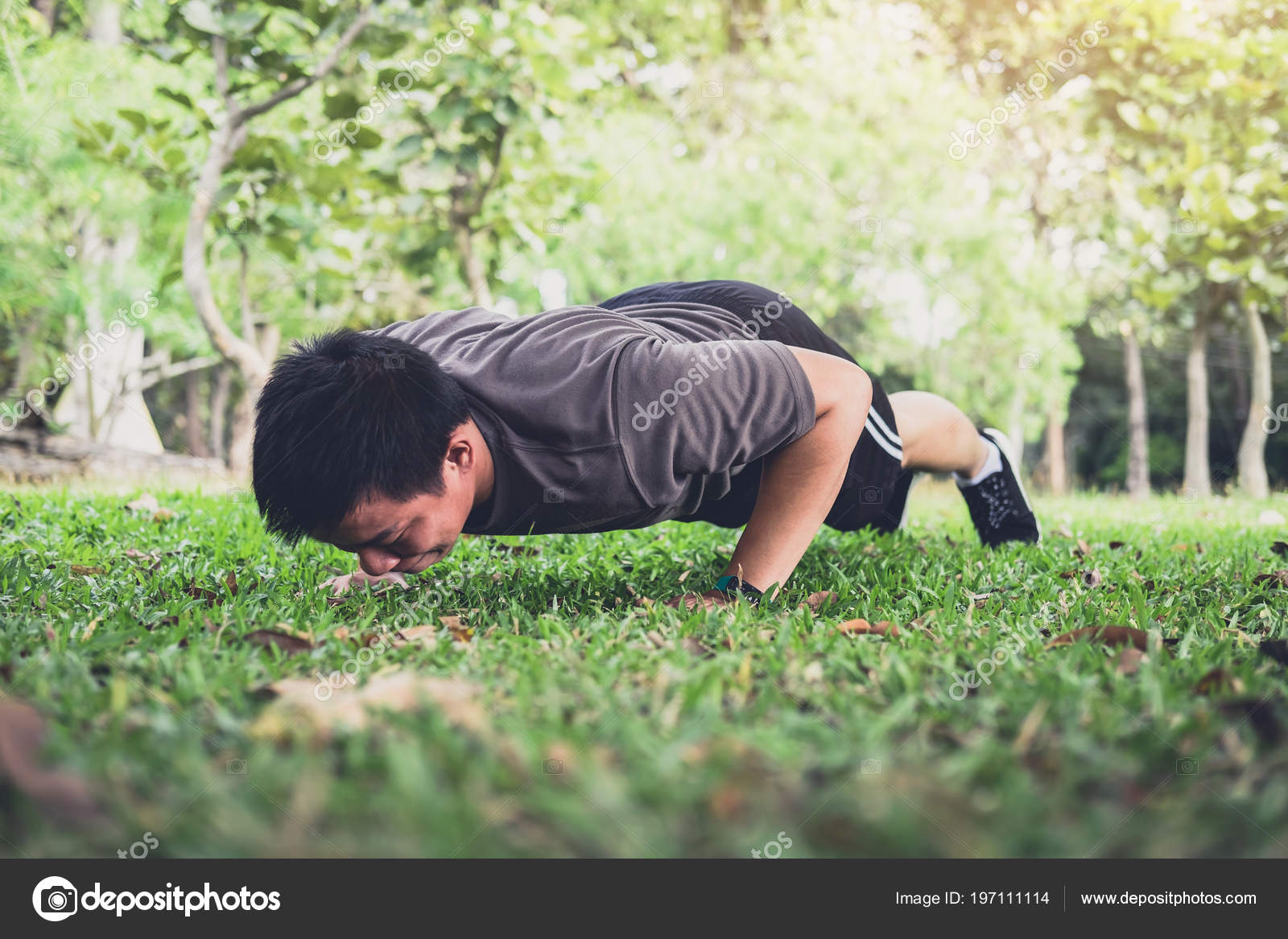 Man Push Exercise Workout Fitness Doing Grass Summer Park — Stock Photo ...