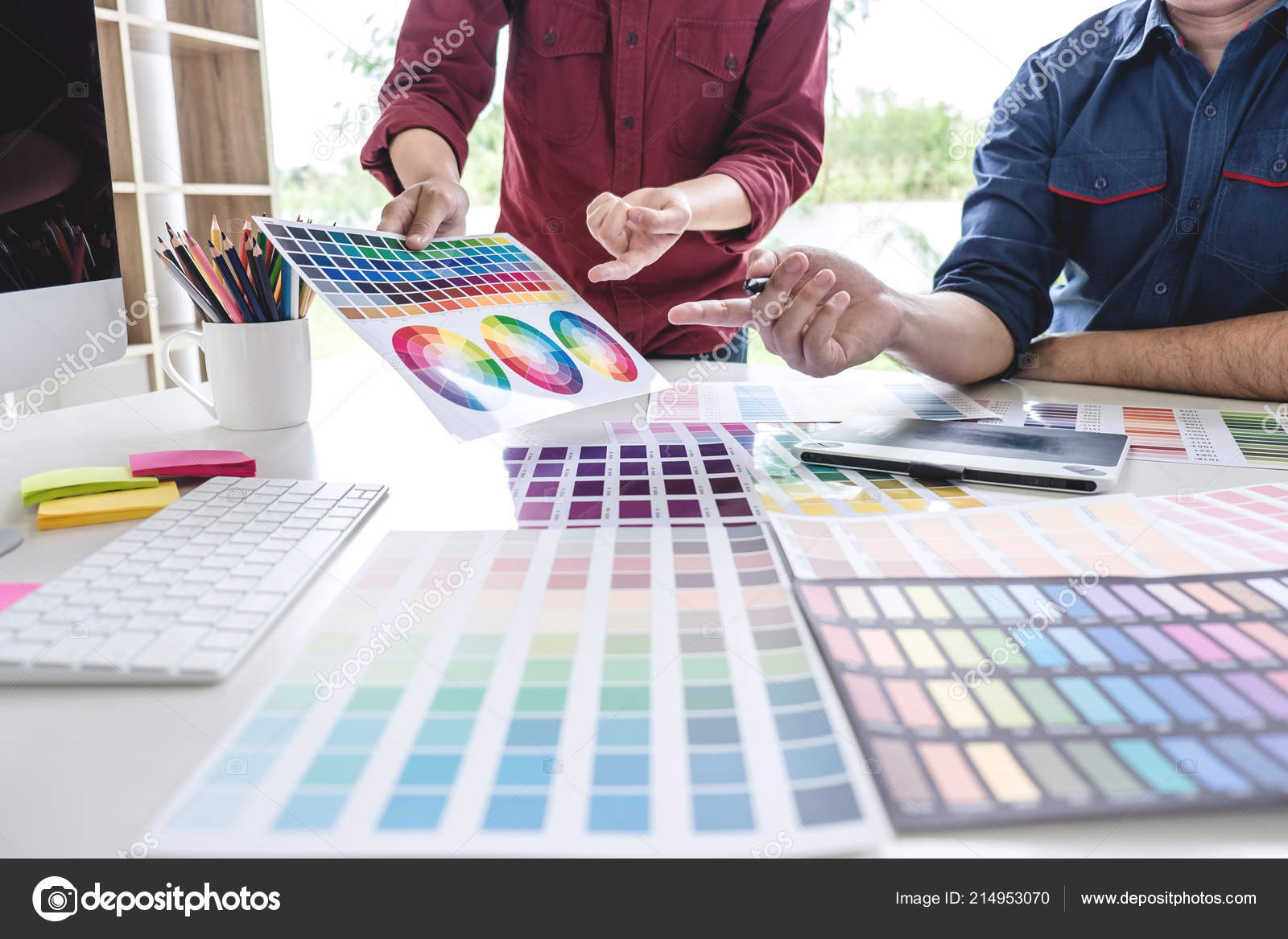 Two Colleagues Creative Graphic Designer Working Color Selection ...
