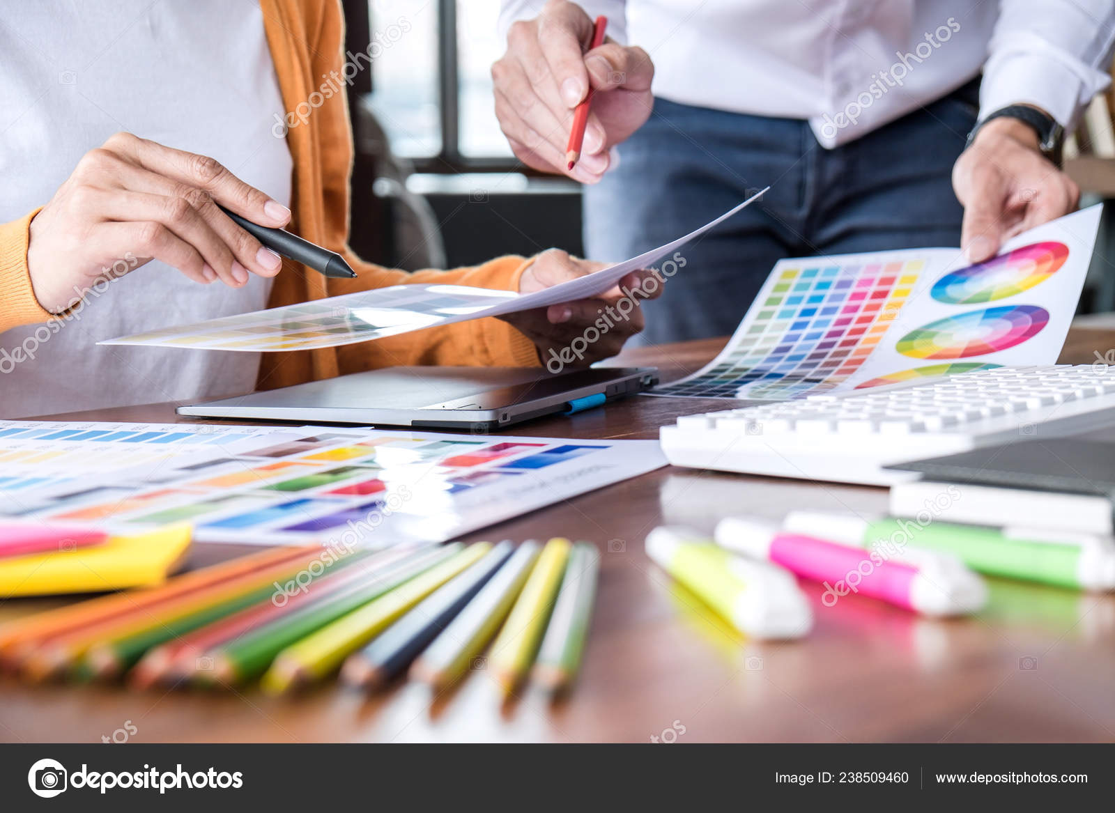 Two Colleagues Creative Graphic Designer Working Color Selection ...