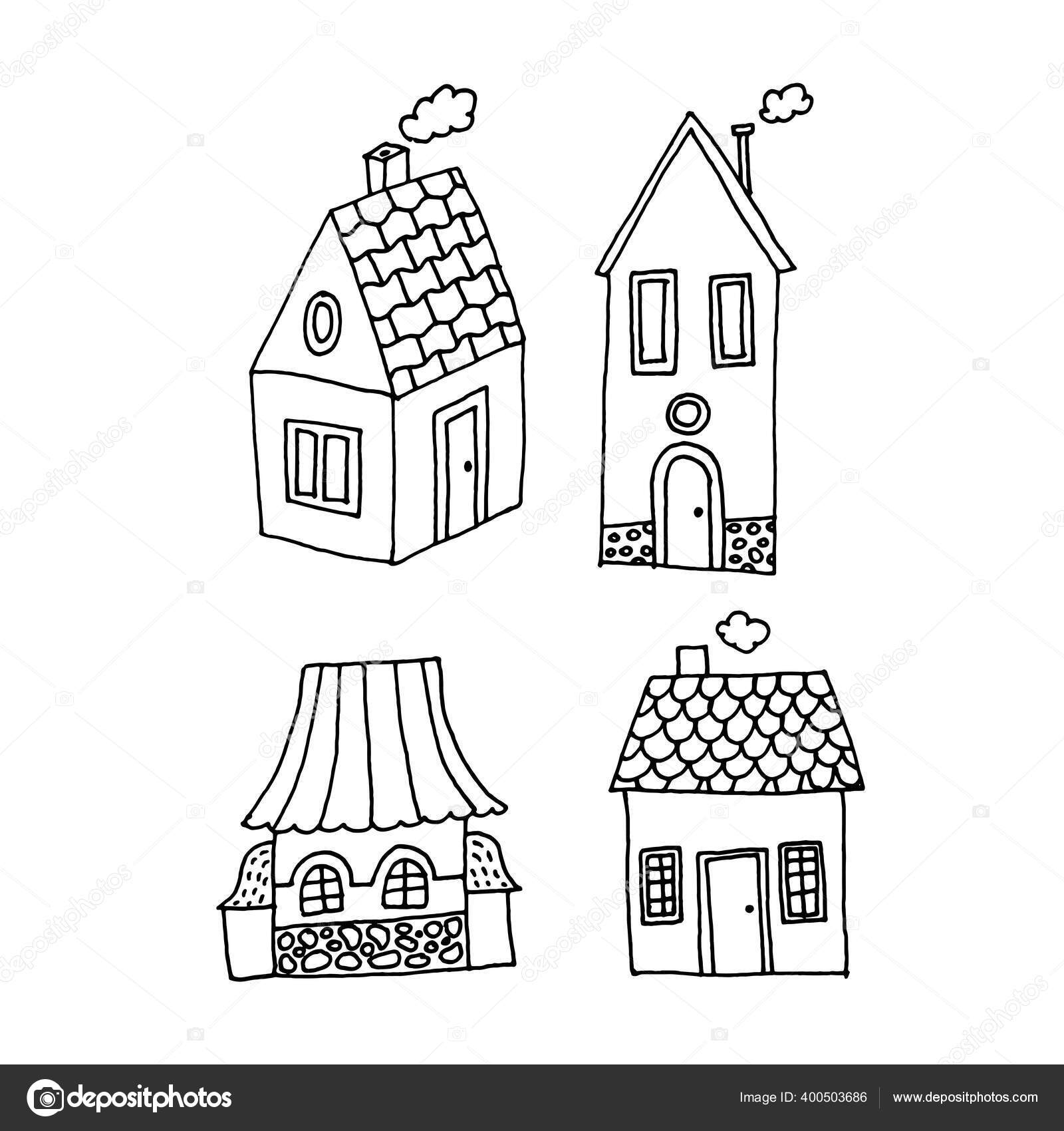 Bosquejo Libro Para Colorear Conjunto Casas Con Tejas Vector de stock ...