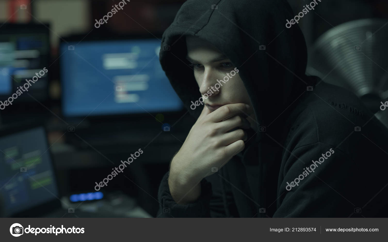 Young Hacker Hoodie Thinking Hand Chin Working Computers Technology ...