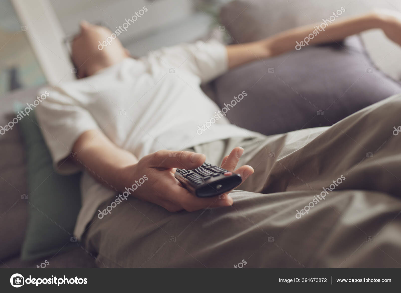 Bored Woman Falling Asleep Sofa While Watching She Holding Remote ...