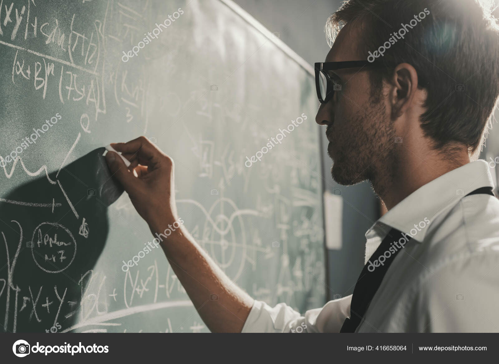 Young Smart Mathematician Drawing Math Formulas Chalkboard Thinking Solving Problems — Stock ...