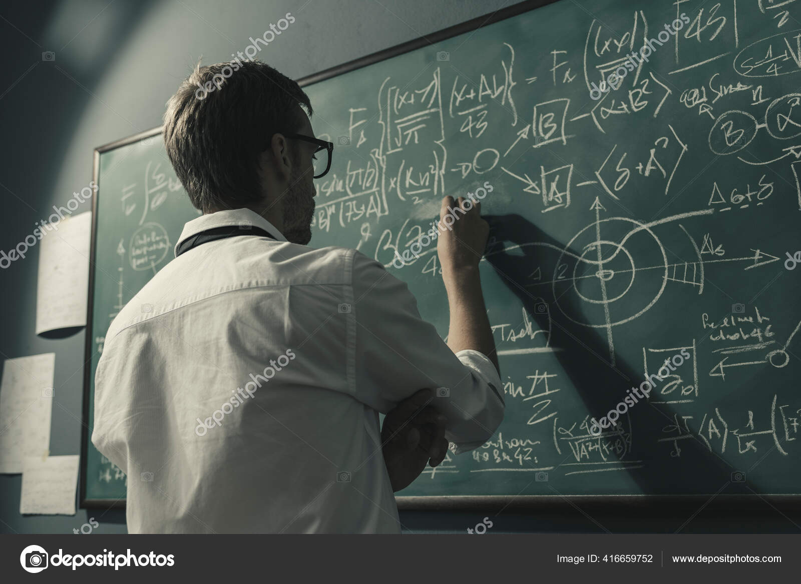 Young Smart Mathematician Drawing Math Formulas Chalkboard Thinking ...