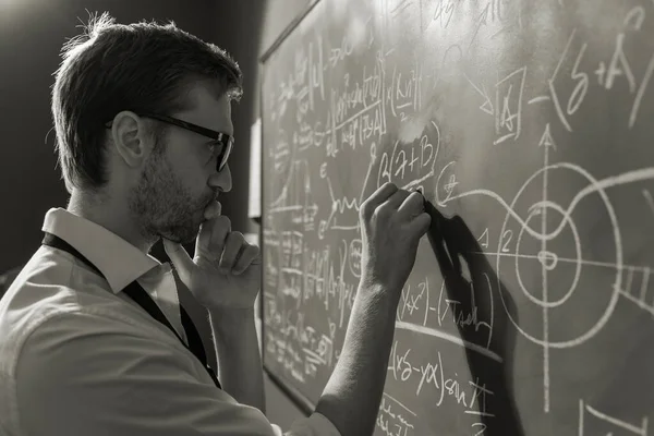 Young Smart Mathematician Drawing Math Formulas Chalkboard Thinking Solving Problems — Stock ...