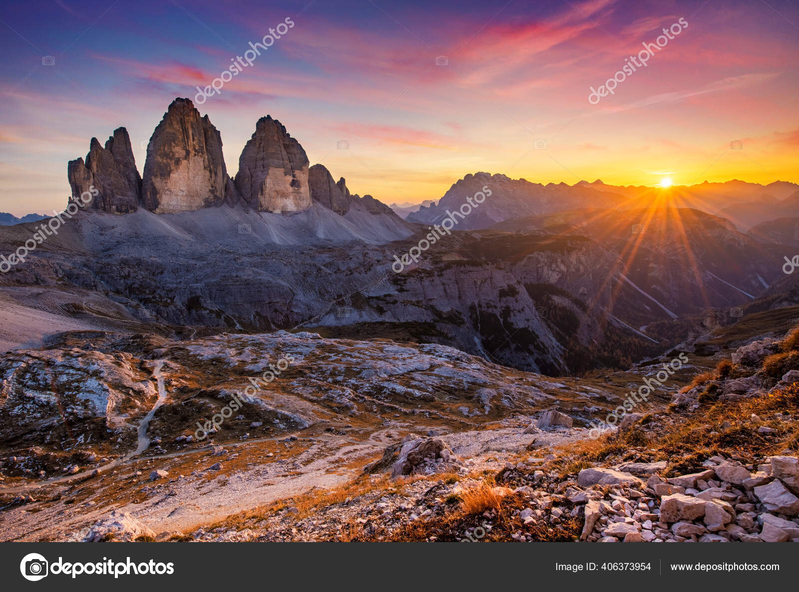 Beautiful Landscape Mountains Sunset Tre Cime Lavaredo — Stock Photo © kwasny222 #406373954