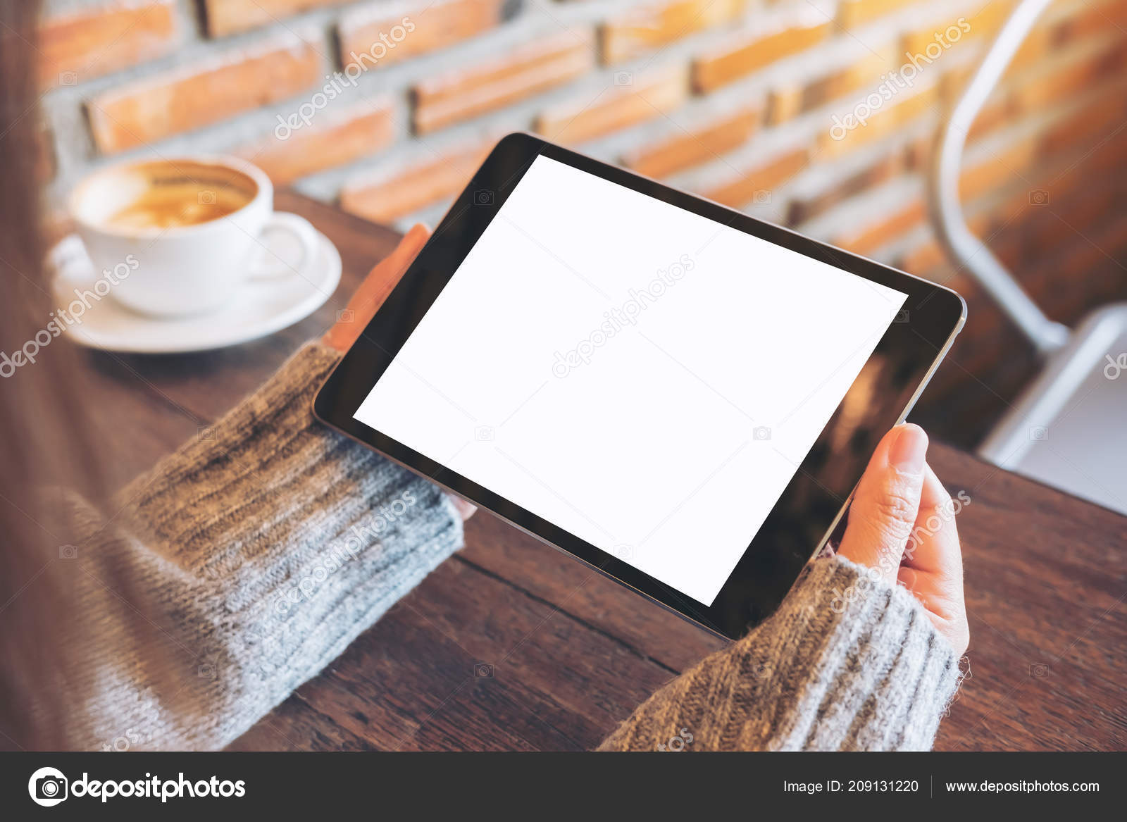 Mockup Image Hands Holding Black Tablet Blank White Screen White ...