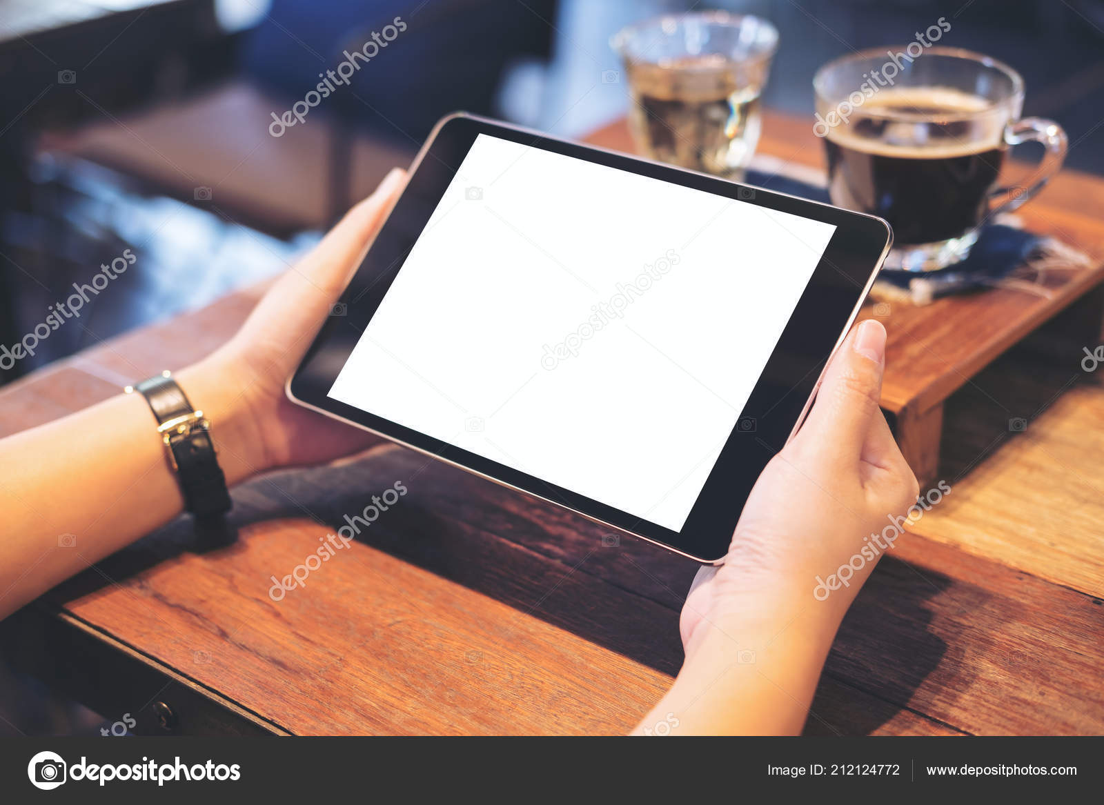 Mockup Image Hands Holding Black Tablet Blank White Screen White ...
