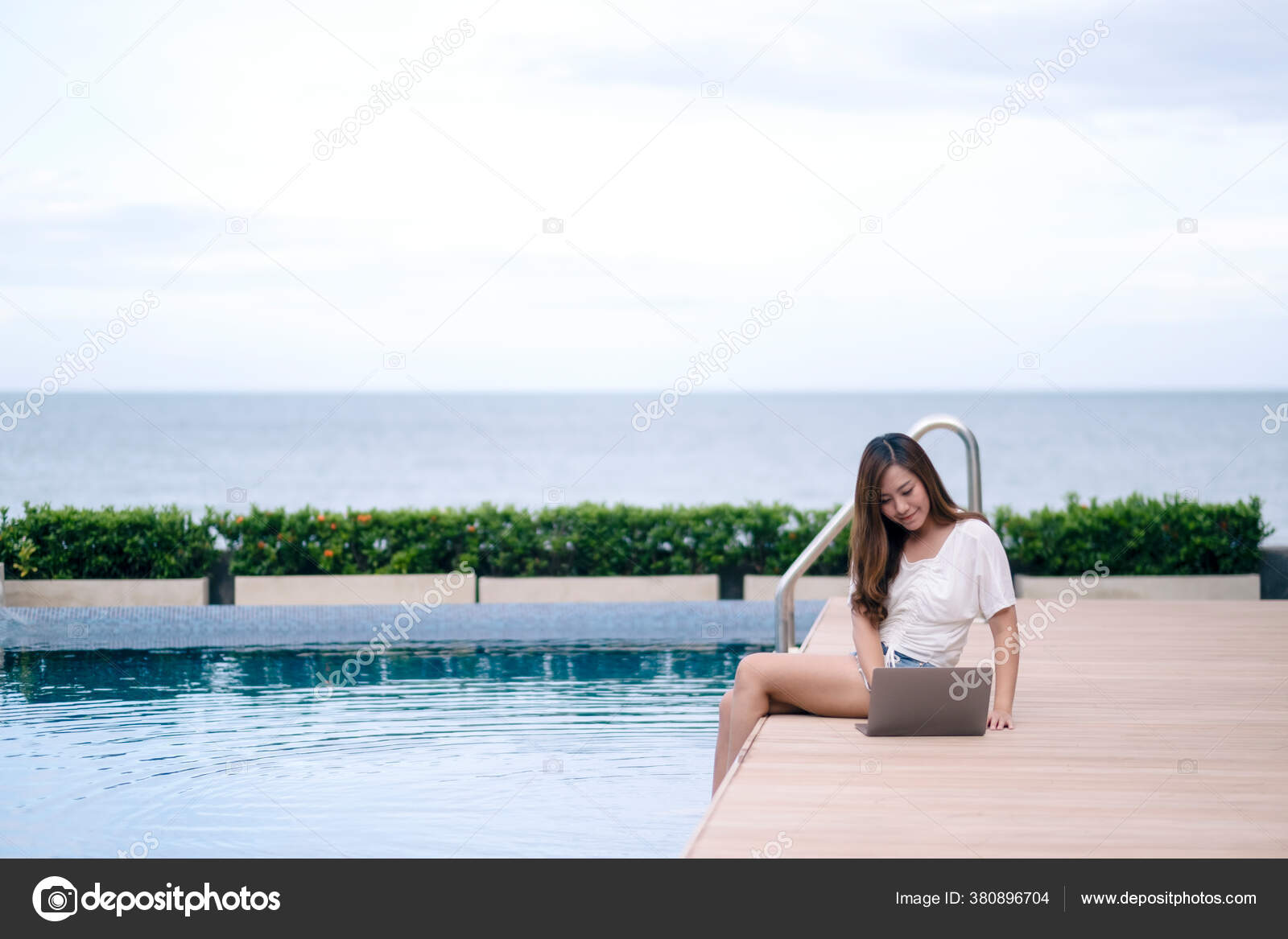 Beautiful Asian Woman Using Typing Laptop Computer While Sitting ...