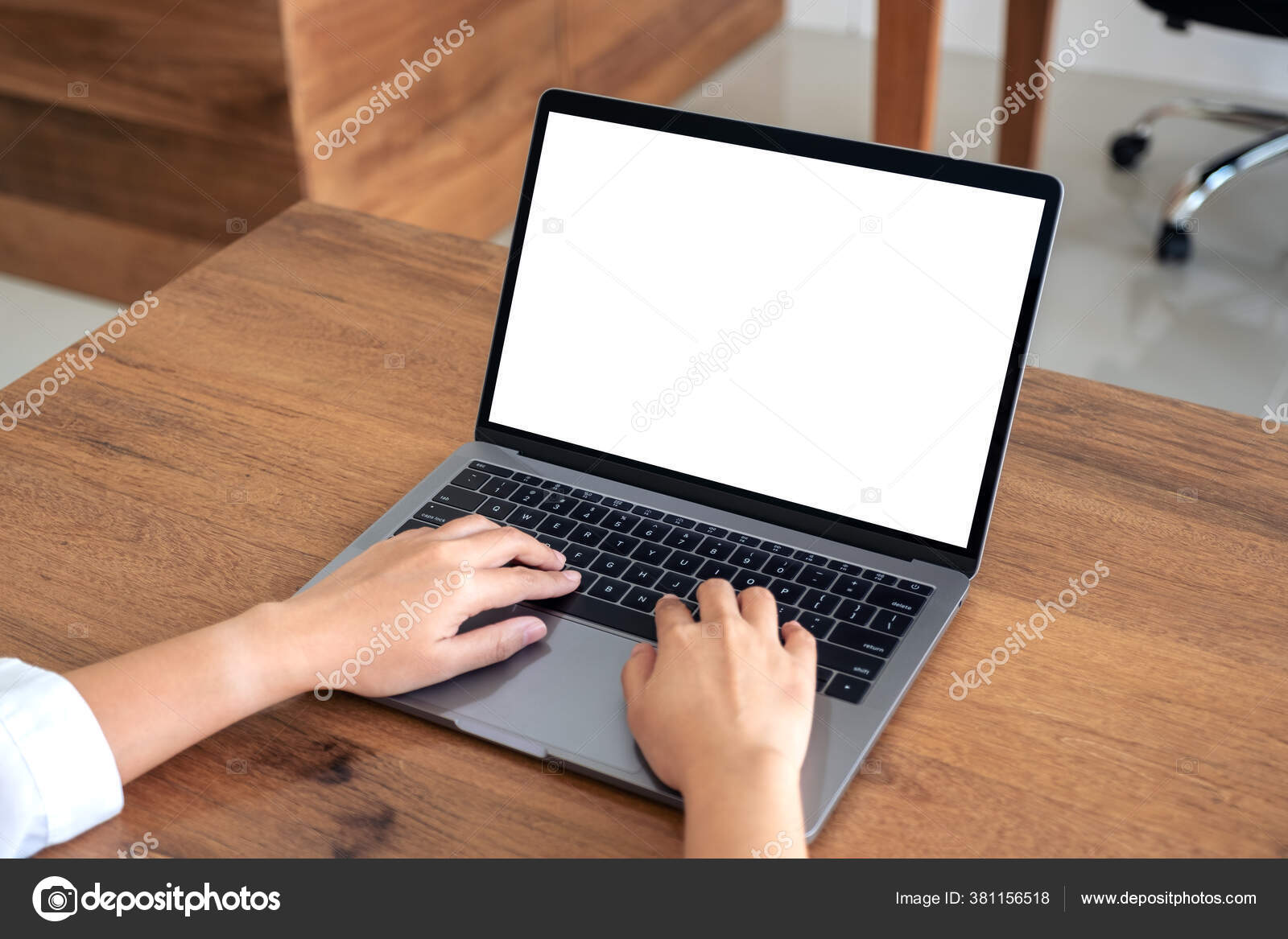 Mockup Image Hand Using Typing Laptop Blank White Desktop Screen ...