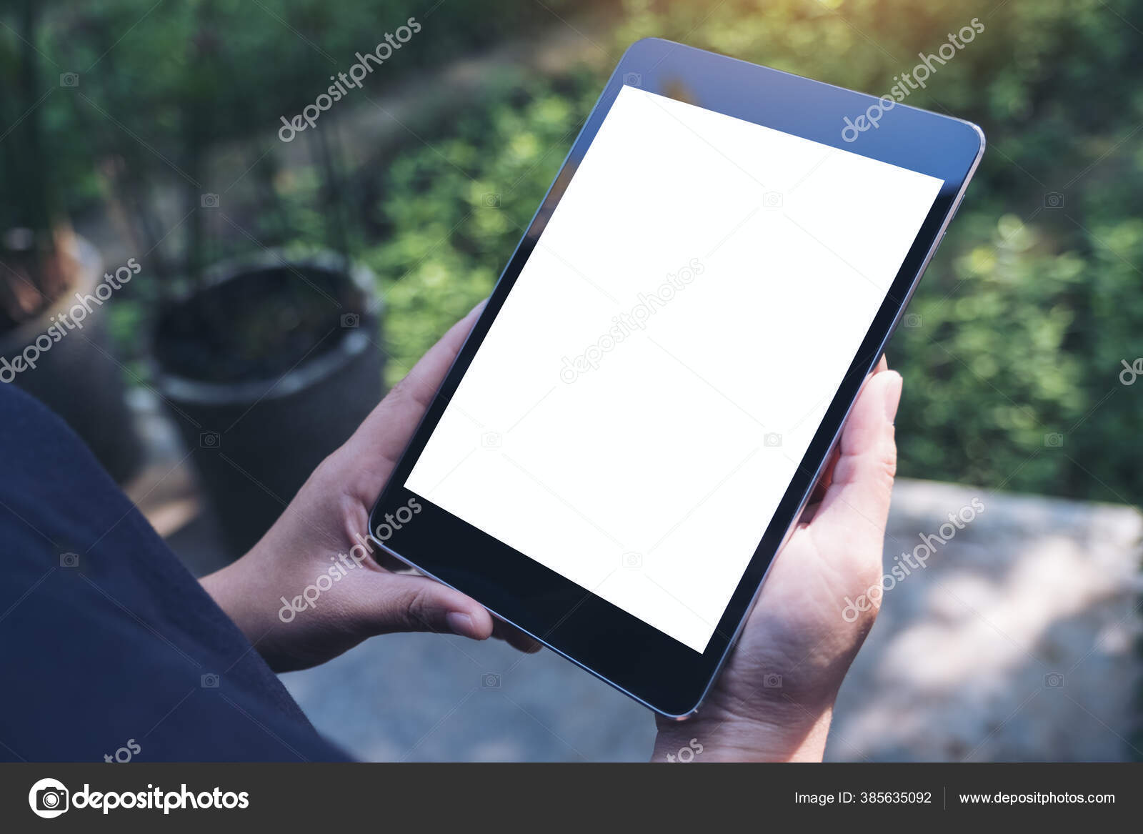 Mockup Image Woman's Hands Holding Black Tablet Blank White Screen ...